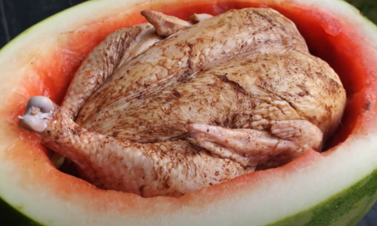 Make a knock-out BBQ dish by cooking a whole chicken inside a watermelon