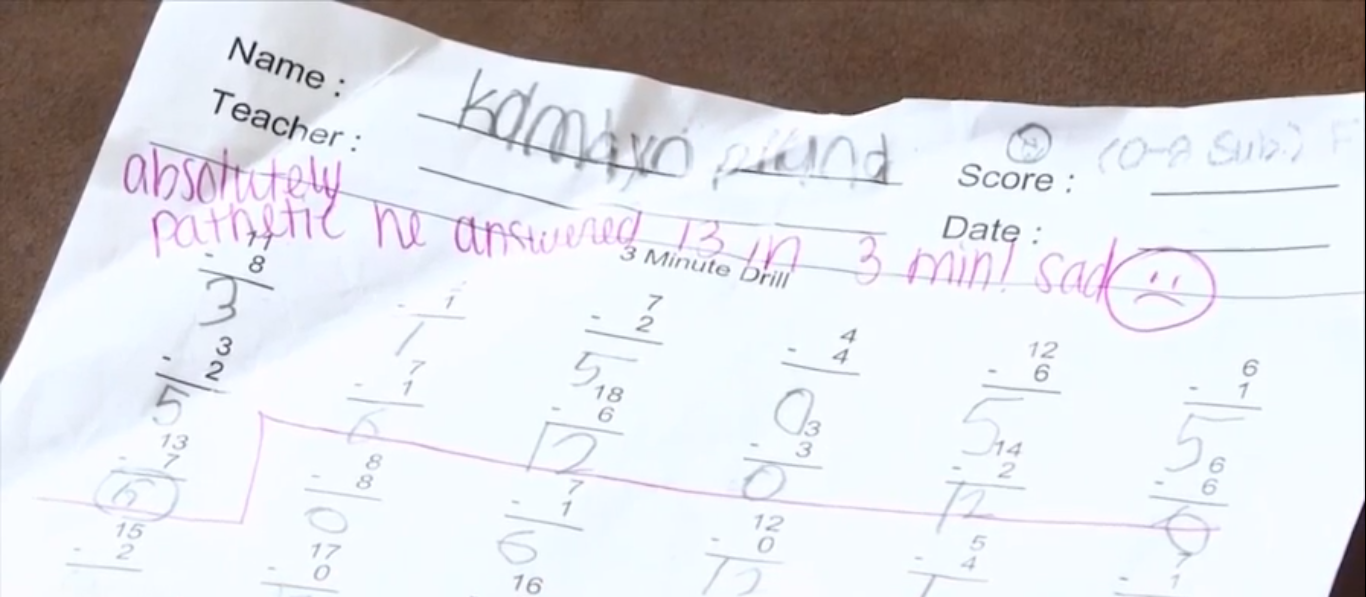 Teacher writes cruel comments on 7-year-old’s math quiz
