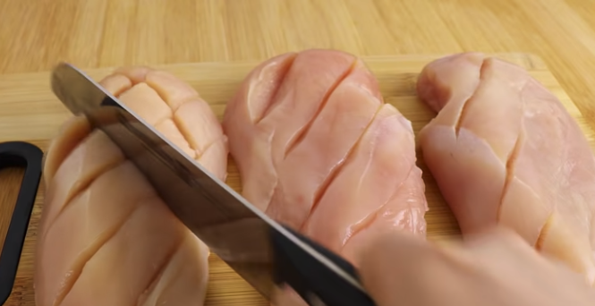 Cut diamond shapes into chicken breast for a quick and tasty recipe ...