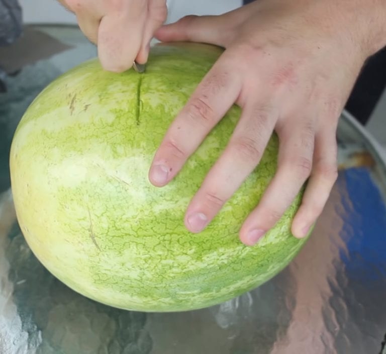 Guy demonstrates how to open up a watermelon using just a quarter
