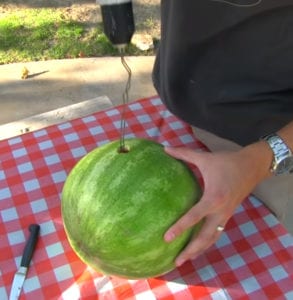 Guy demonstrates how to open up a watermelon using just a quarter