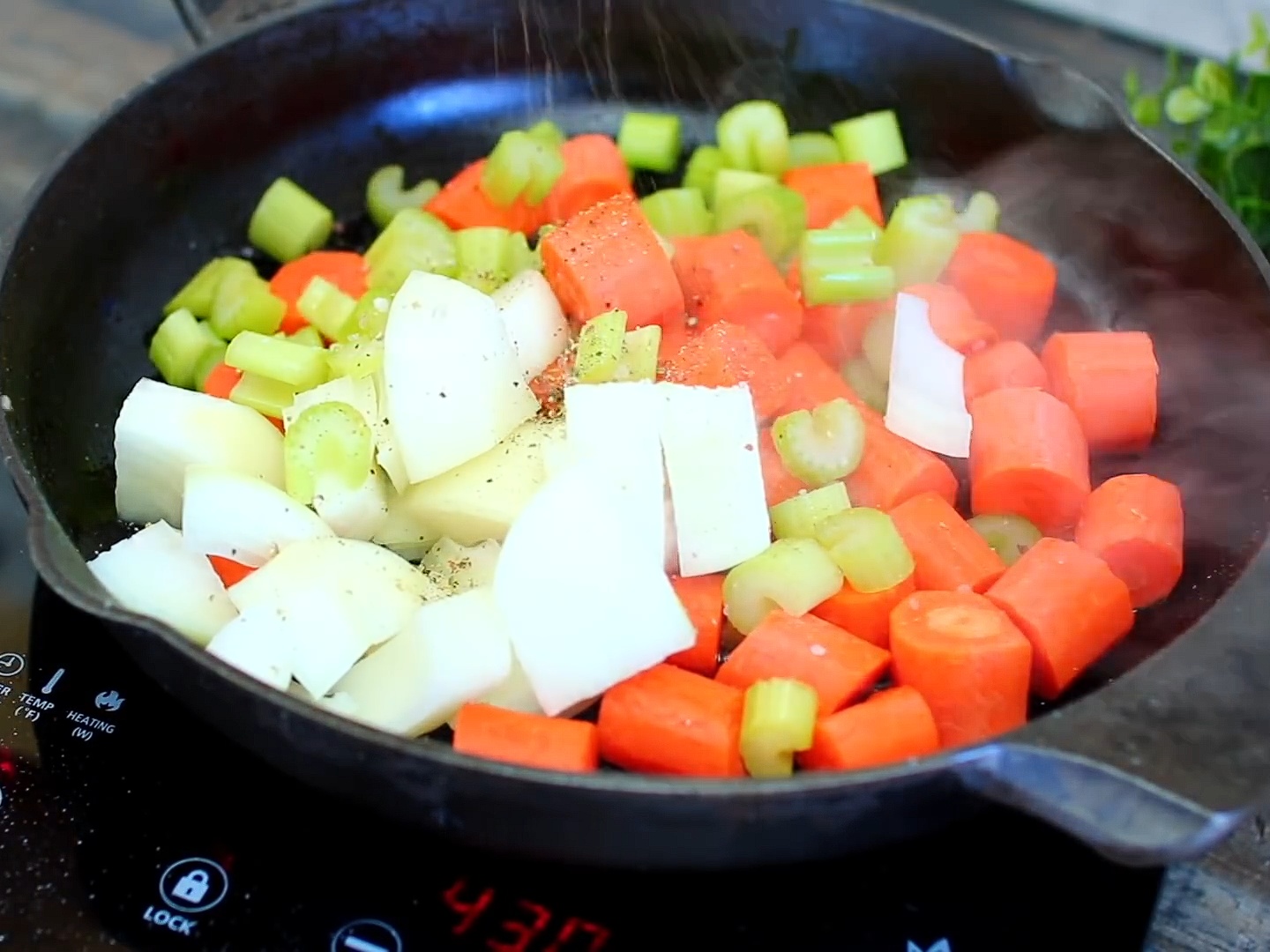Add slab of beef to crock pot and cover with veggies for mouthwatering ...