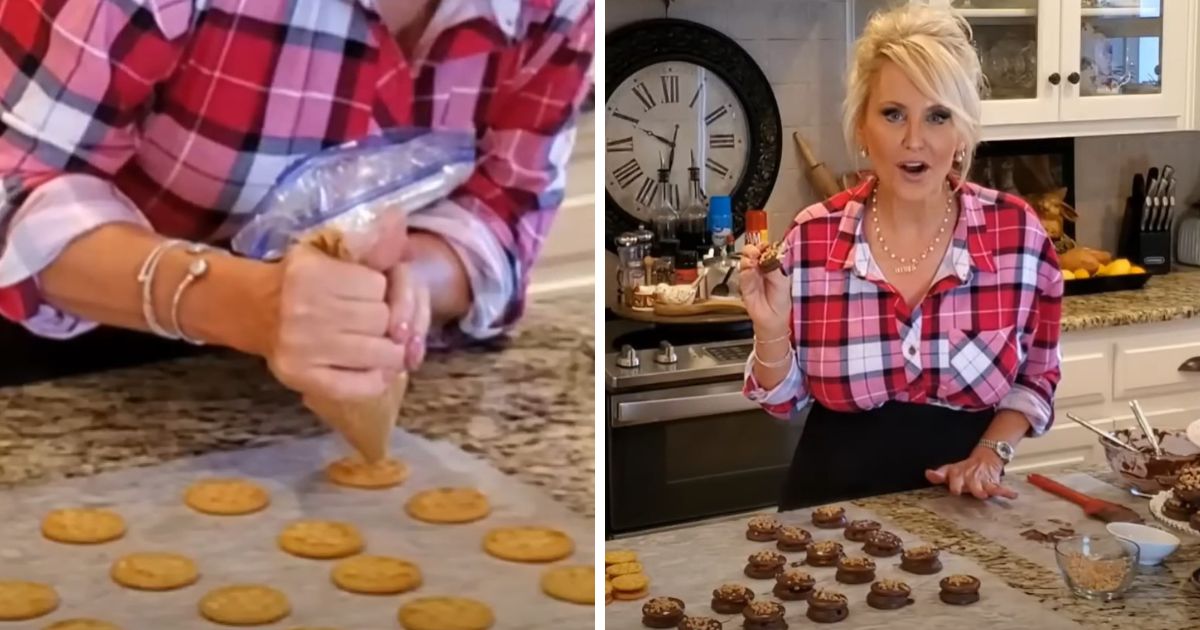 Woman slathers Ritz crackers with filling and dips in chocolate for ...