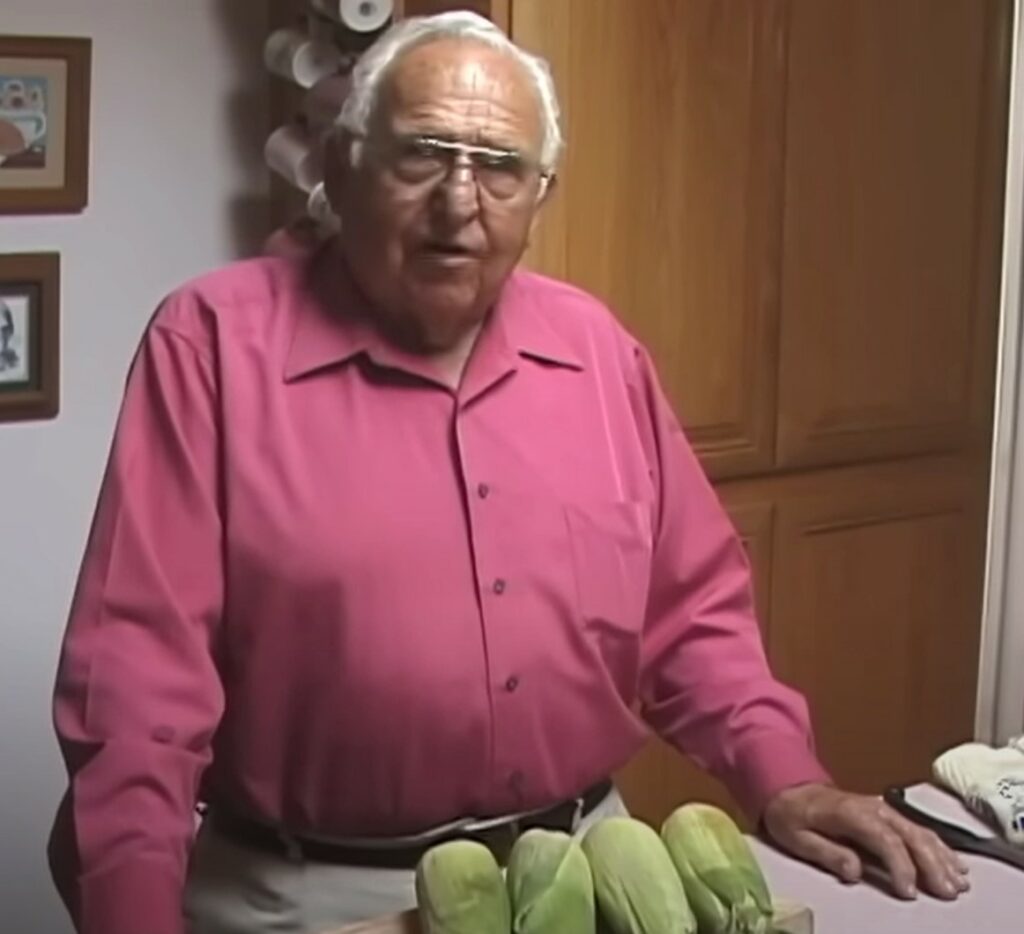 Grandpa shows how he shucks his corn for “clean ears every time”